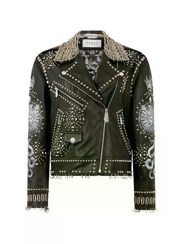 Philipp Plein Studded Butterfly Tattoo Leather Biker Jacket