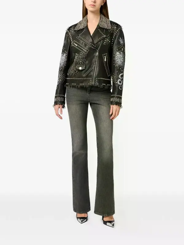 Philipp Plein Studded Butterfly Tattoo Leather Biker Jacket