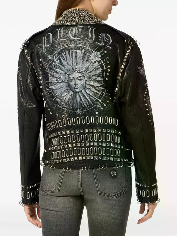 Philipp Plein Studded Butterfly Tattoo Leather Biker Jacket