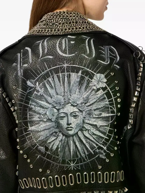 Philipp Plein Studded Butterfly Tattoo Leather Biker Jacket