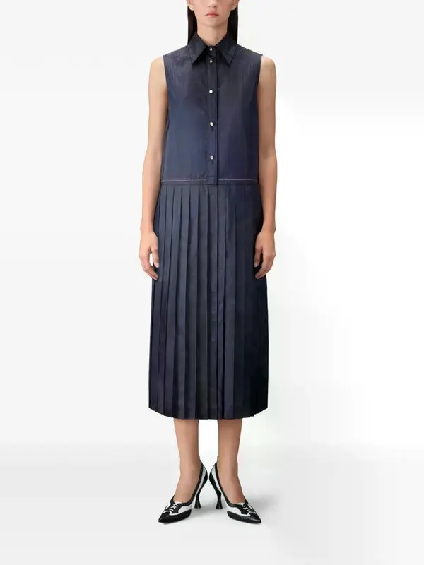 Thom Browne Sleeveless Silk Seersucker Pleated Shirtdress