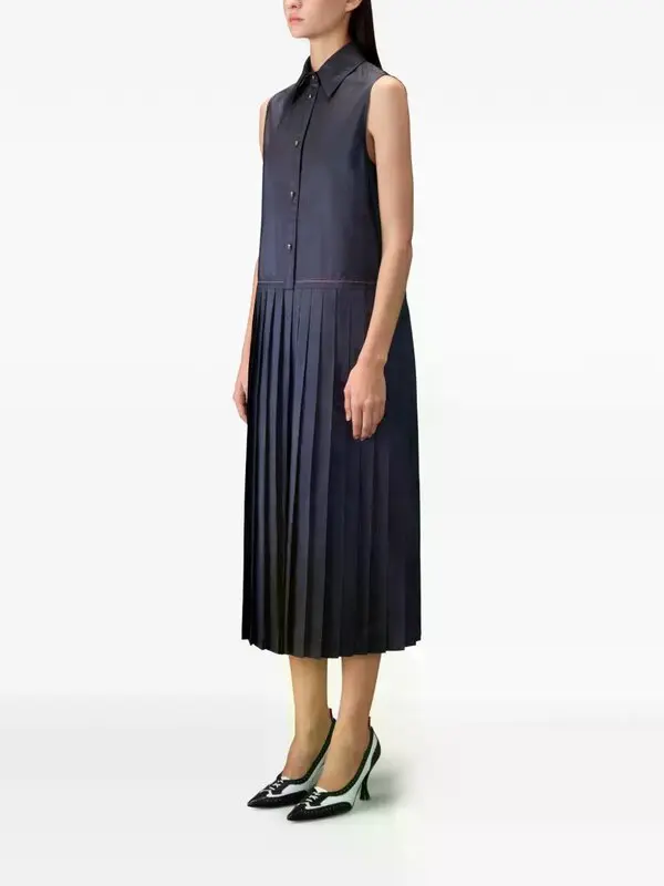 Thom Browne Sleeveless Silk Seersucker Pleated Shirtdress
