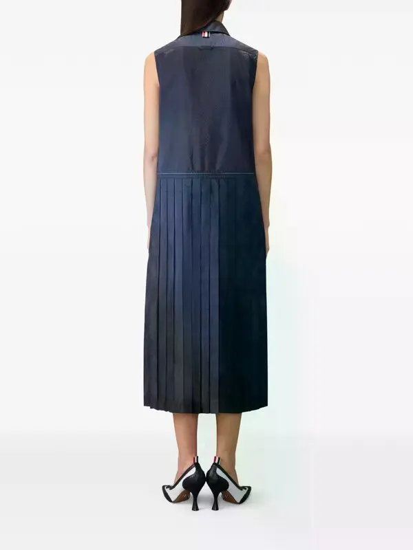 Thom Browne Sleeveless Silk Seersucker Pleated Shirtdress