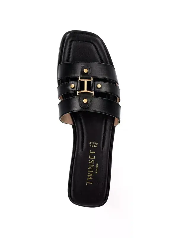 TWINSET Leather Sliders With Logo Plaque - Black