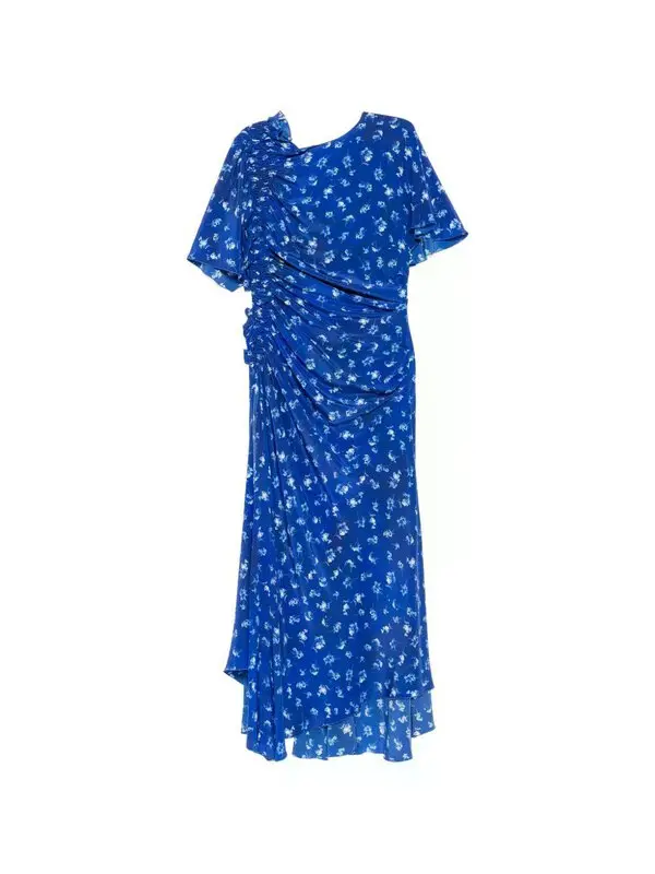 Victoria Beckham Floral-print Smocked Asymmetric Dress - Blue