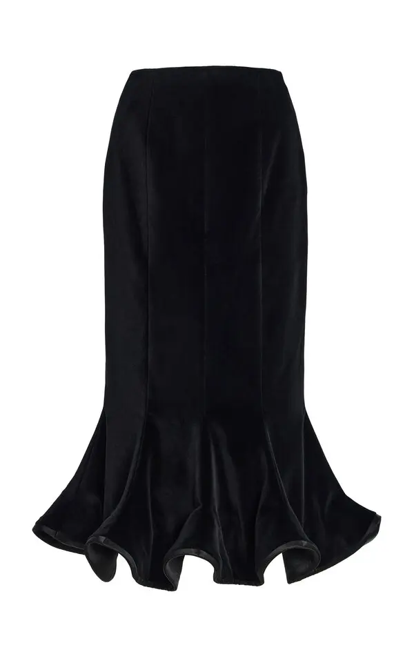 HARITHAND Exclusive Ruffled Velvet Midi Skirt - Black