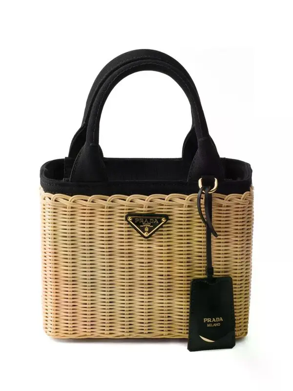 Prada Small Wicker And Canvas Tote - Neutrals