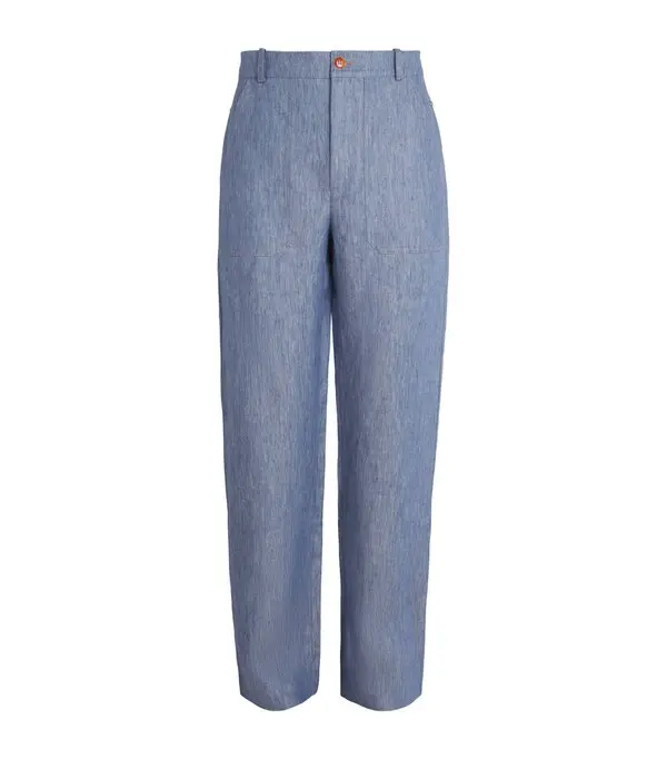 GOD'S TRUE CASHMERE Linen-denim Straight Trousers With Gemstone Detailing
