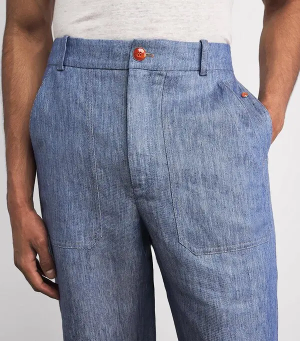 GOD'S TRUE CASHMERE Linen-denim Straight Trousers With Gemstone Detailing