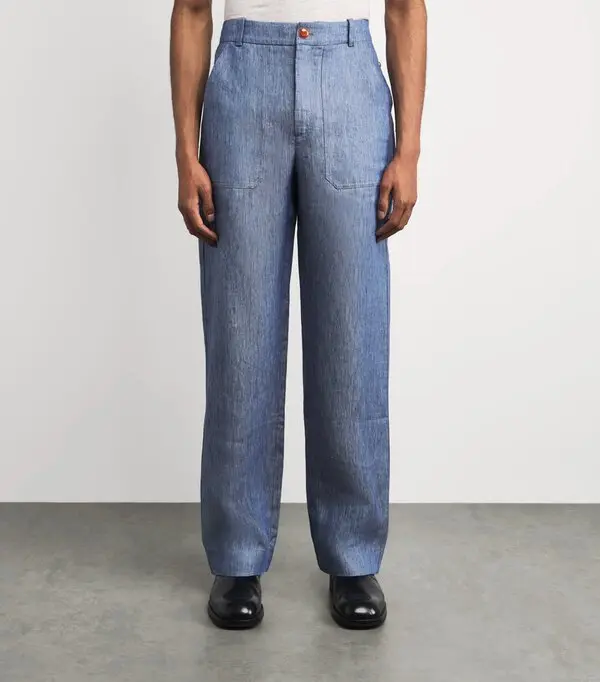 GOD'S TRUE CASHMERE Linen-denim Straight Trousers With Gemstone Detailing