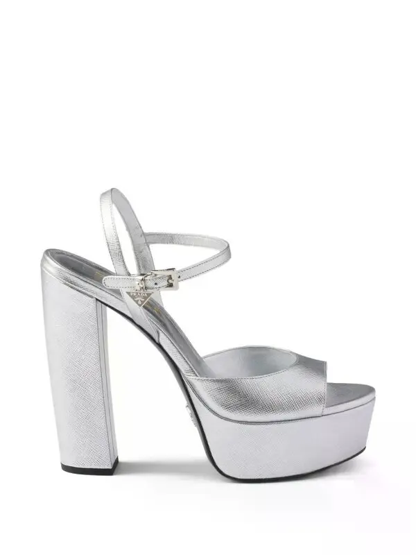Prada Saffiano Leather Metallic Platform Sandals - Silver