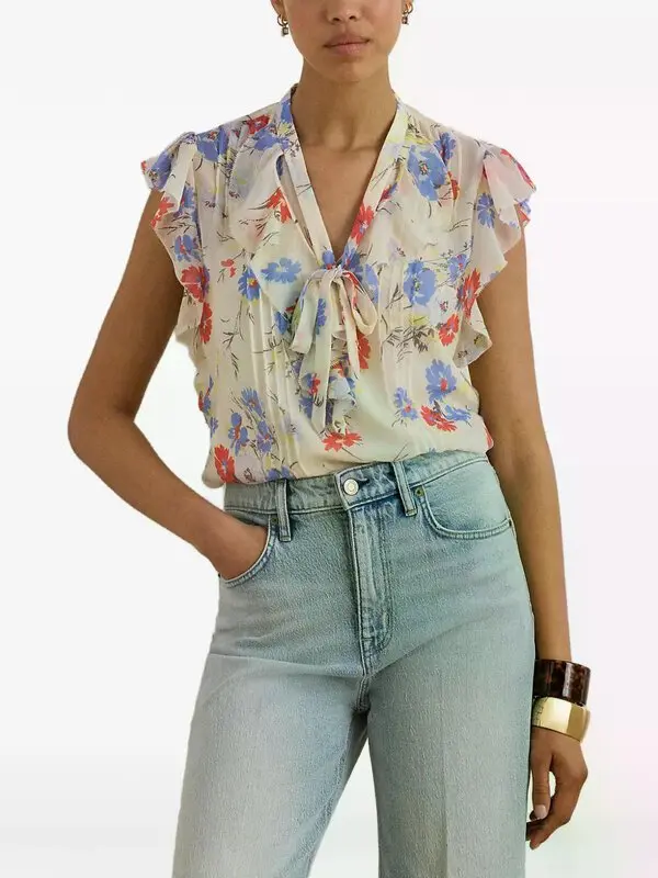 Ralph Lauren Floral-print Ruffled Blouse - Neutrals