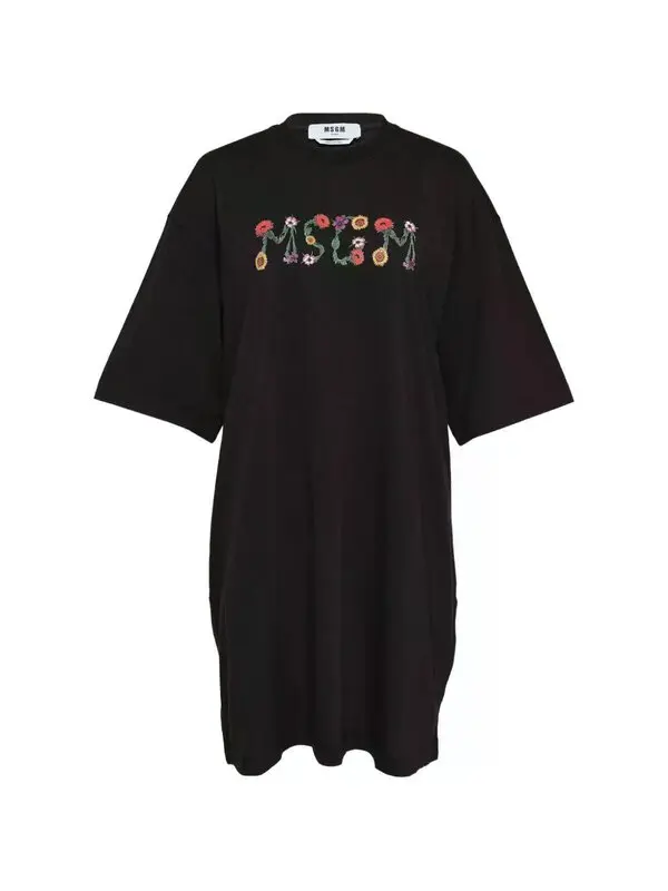 MSGM Floral-embroidered T-shirt Dress - Black