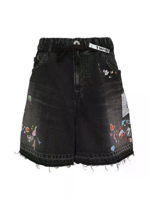 Mihara Yasuhiro Sticker-embellished Frayed Shorts - Black
