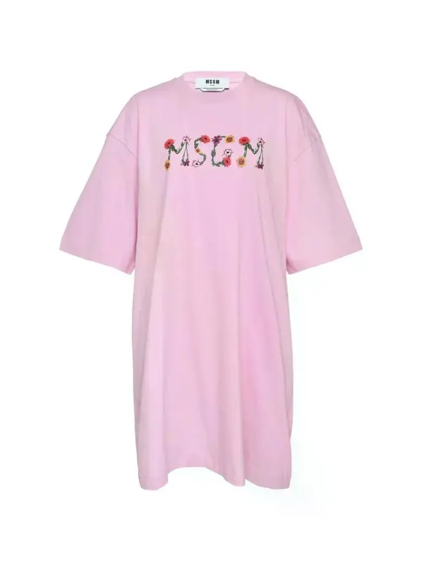 MSGM Floral-logo Mini T-shirt Dress - Pink