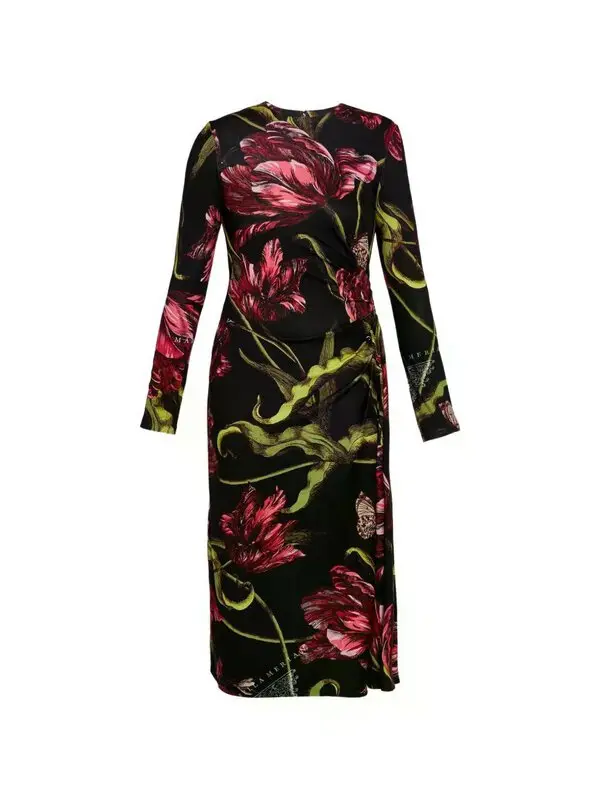 Erdem Floral-print Draped Midi Dress - Black