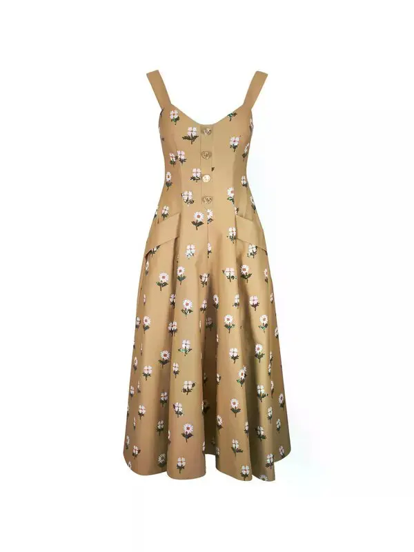 Talbot Runhof Floral-embroidered Button-front Midi Dress - Neutrals