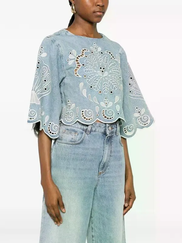 Farm Rio Richelieux Geometric-embroidered Blouse - Blue