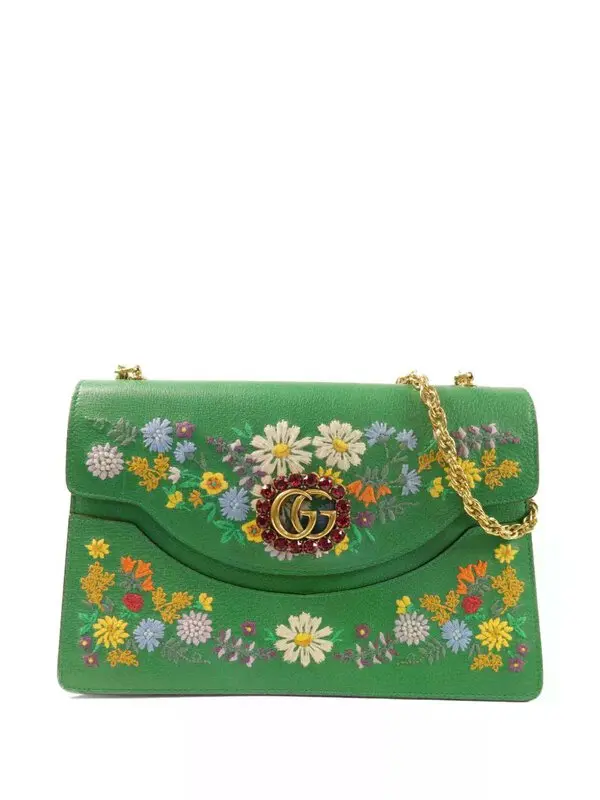 Gucci Floral-embroidered Leather Shoulder Bag - Green