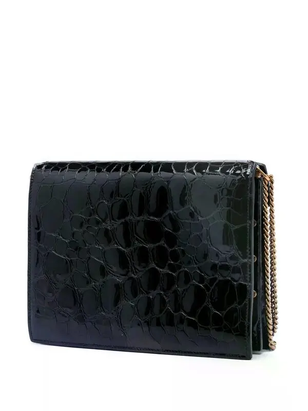 Saint Laurent 2018 Shiny Croc Embossed Calfskin Monogram Cassandra Chain Wallet - Black