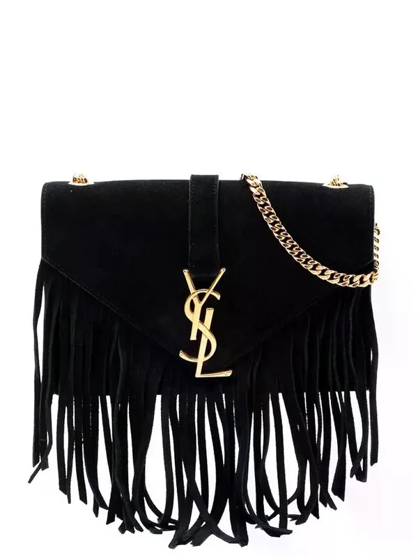 Saint Laurent 2015 Small Suede Monogram Envelope Fringe Crossbody Bag - Black