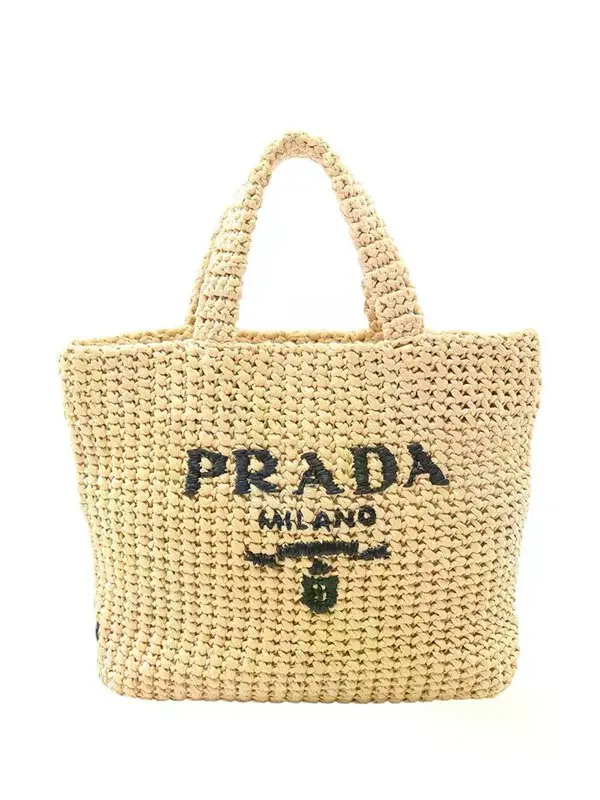 Prada Small Raffia Effect Crochet Embroidered Logo Tote Bag - Neutrals