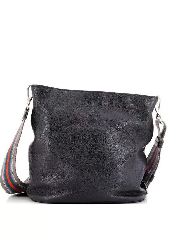 Prada Logo Messenger Bag Vitello Phenix Medium Bucket Bag - Black