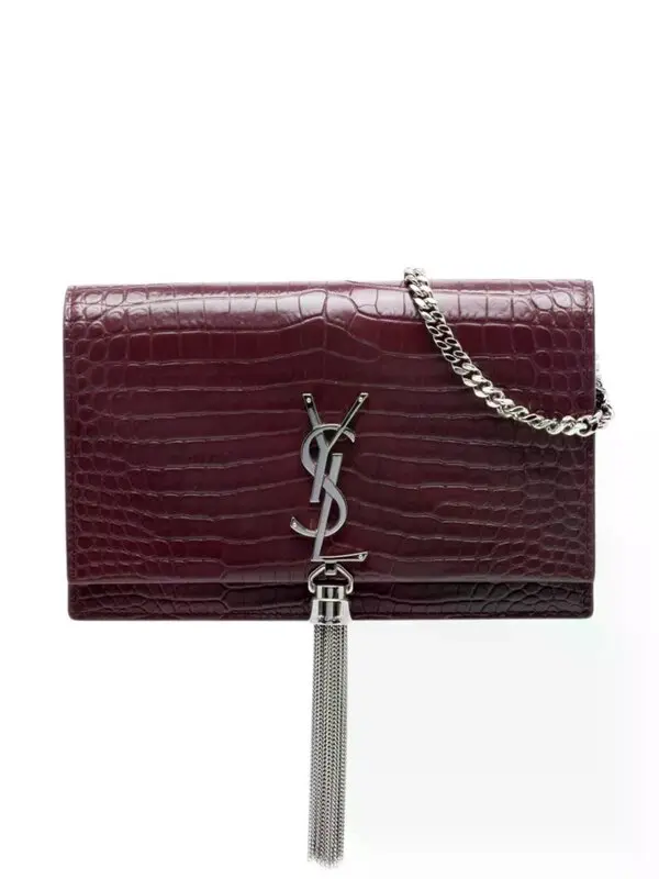 Saint Laurent 2018 Croc Embossed Leather Monogram Kate Tassel Wallet On Chain Crossbody Bag - Red