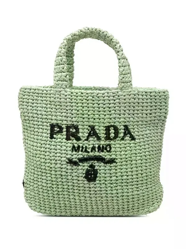 Prada Small Raffia Effect Crochet Embroidered Logo Tote Bag - Green