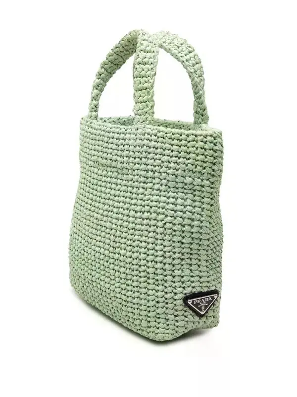 Prada Small Raffia Effect Crochet Embroidered Logo Tote Bag - Green
