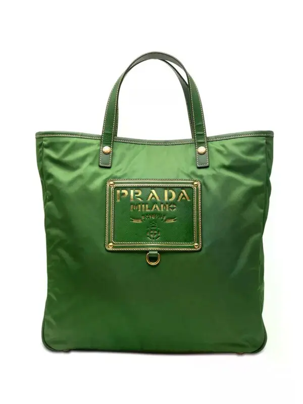 Prada Saffiano Trimmed Tessuto Logo Plate Convertible Tote Satchel - Green