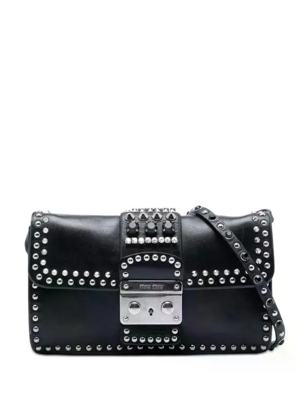 Miu Miu Studded Leather Push Lock Crossbody Bag - Black