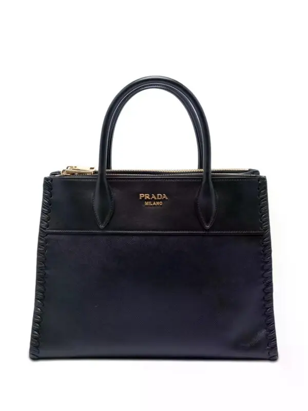 Prada City Calf Trimmed Saffiano Paradigme Whipstitch Satchel - Black