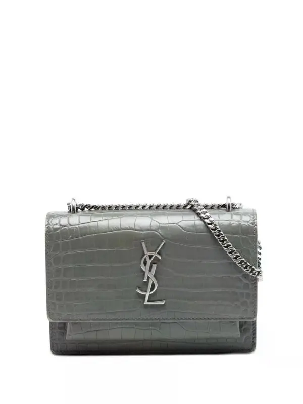 Saint Laurent 2017 Mini Croc Embossed Leather Monogram Sunset Wallet On Chain Crossbody Bag - Grey