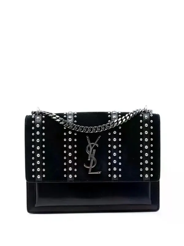 Saint Laurent 2013 Medium Studded Suede And Calfskin Monogram Sunset Crossbody Bag - Black