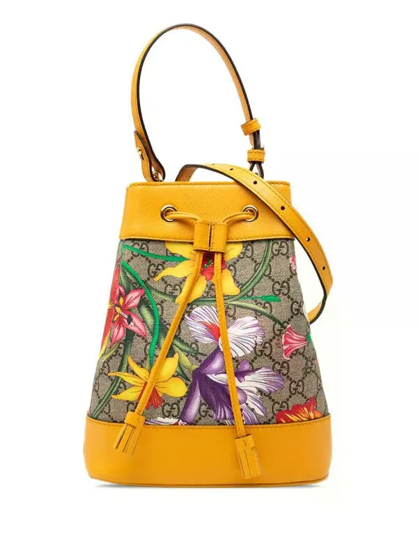 Gucci Small Gg Supreme Flora Ophidia Bucket Bag - Yellow
