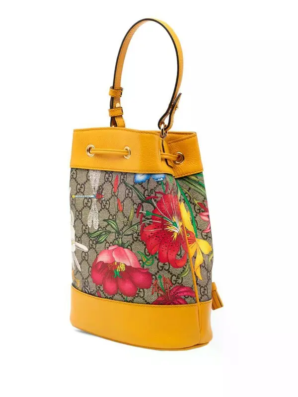 Gucci Small Gg Supreme Flora Ophidia Bucket Bag - Yellow