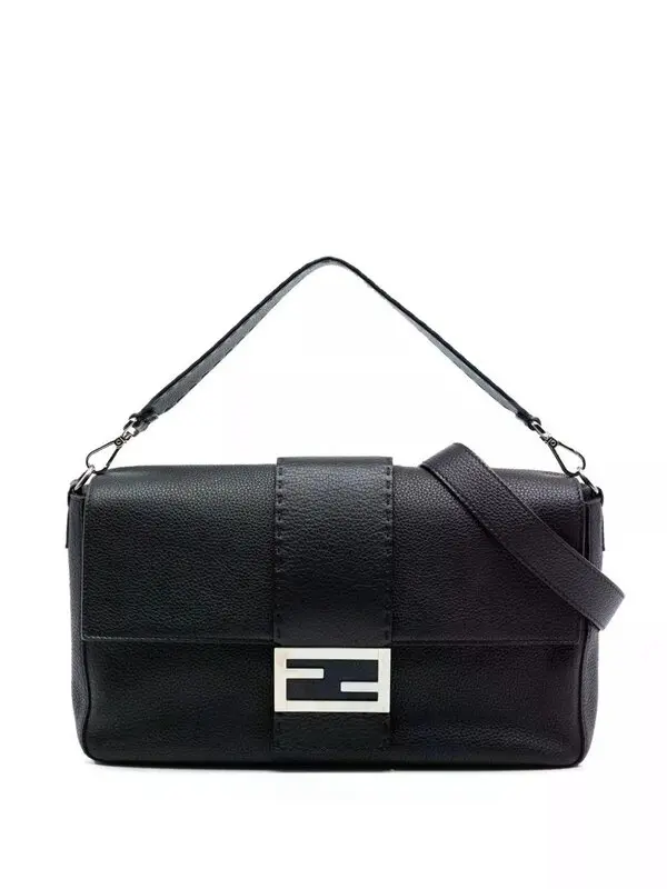 Fendi Large Leather Selleria Convertible Baguette Satchel - Black