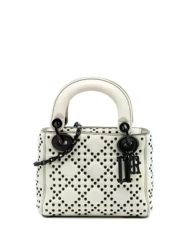Dior 2018 Mini Lambskin Cannage Studded Supple Lady Satchel - White