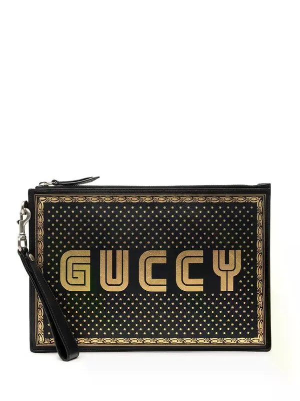 Gucci Leather Guccy Sega Clutch - Black