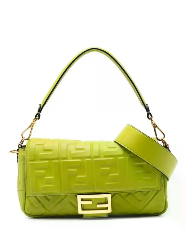 Fendi Zucca Embossed Leather Baguette Satchel - Green