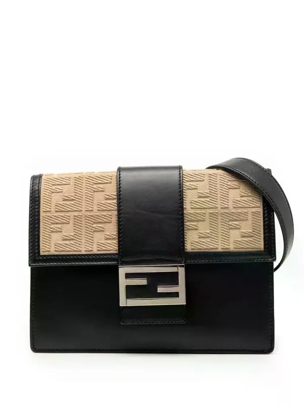Fendi Calfskin And Canvas Ff 1974 Flat Baguette Crossbody Bag - Black