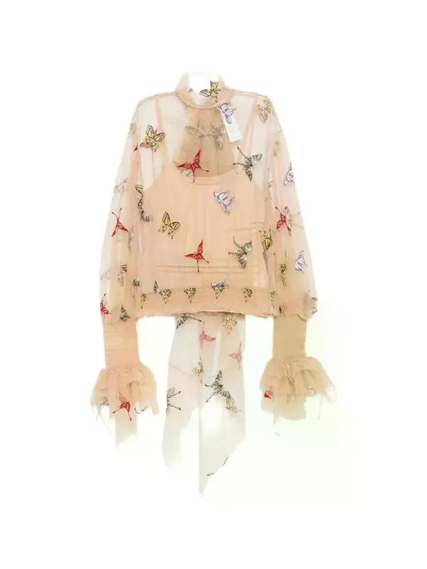 Blumarine Butterfly-embroidered Mesh Blouse - Neutrals