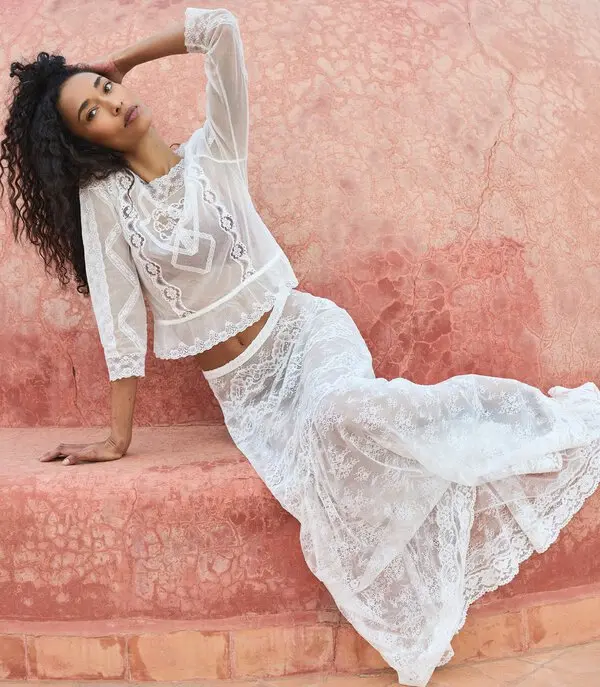 DÔEN Victoriana Embroidered Lace Skirt - Salt
