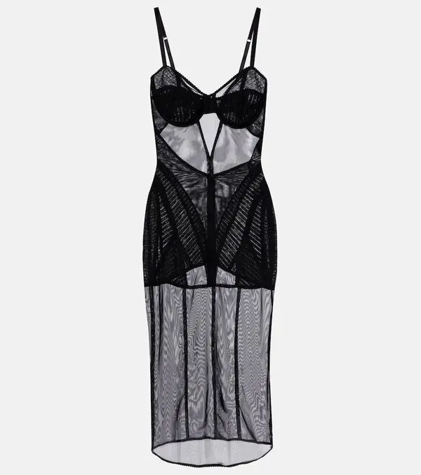 Dolce & Gabbana Ruched Sheer Tulle Midi Dress - Black