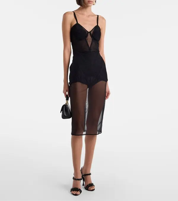Dolce & Gabbana Ruched Sheer Tulle Midi Dress