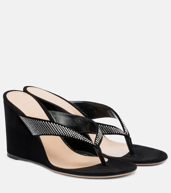 GIANVITO ROSSI Crystal-embellished Wedge Thong Sandals - Black