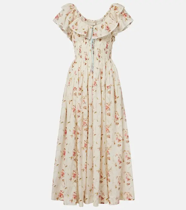 DÔEN Illiana Floral Cotton Midi Dress - White