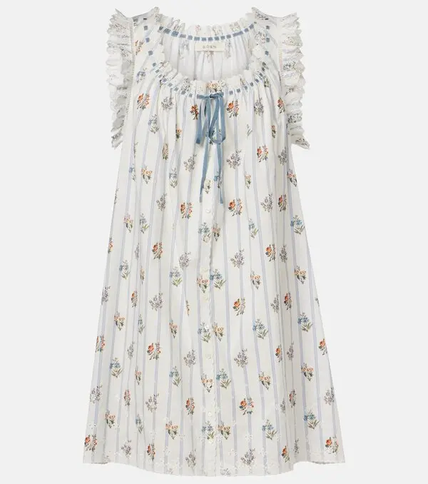 DÔEN Nessie Floral Striped Cotton Shirt Dress - White