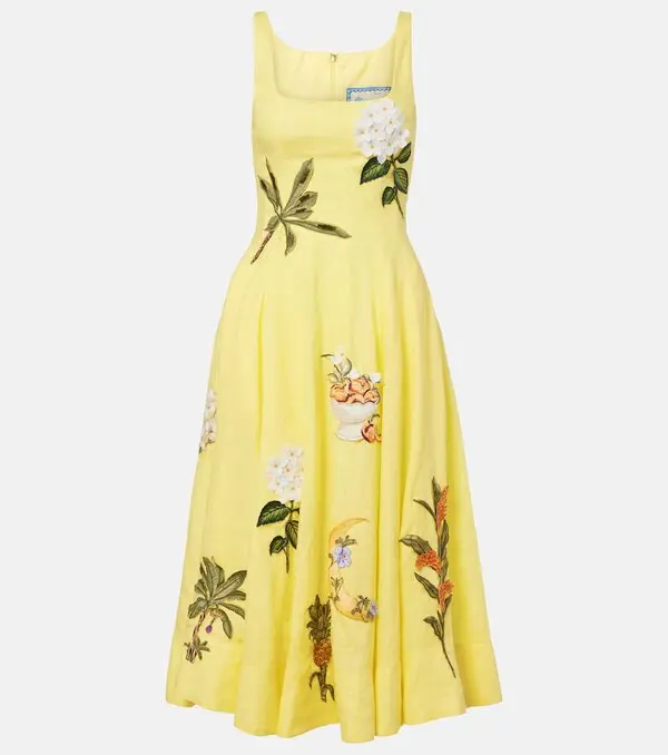 Agua Bendita Frontera Patch-appliqué Linen Midi Dress - Yellow